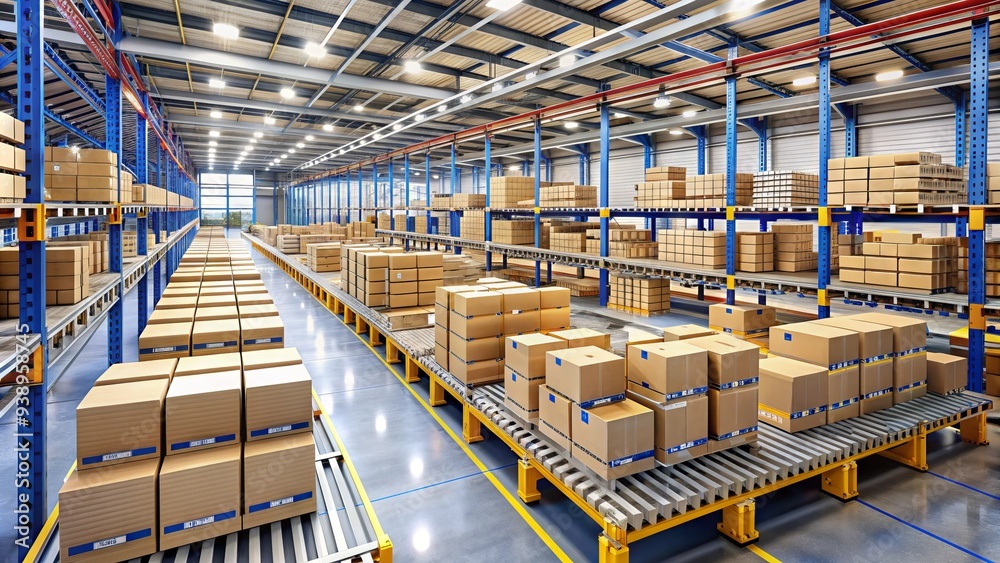 Rows of shelves stacked with cardboard boxes and inventory awaiting ...