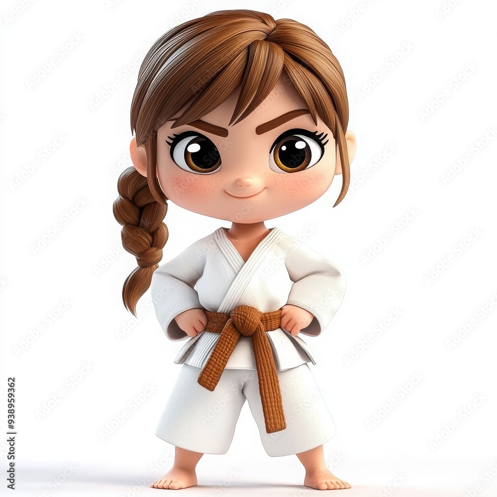 Charming Cartoon Judo Girl, a delightful 3D character with a large head ...