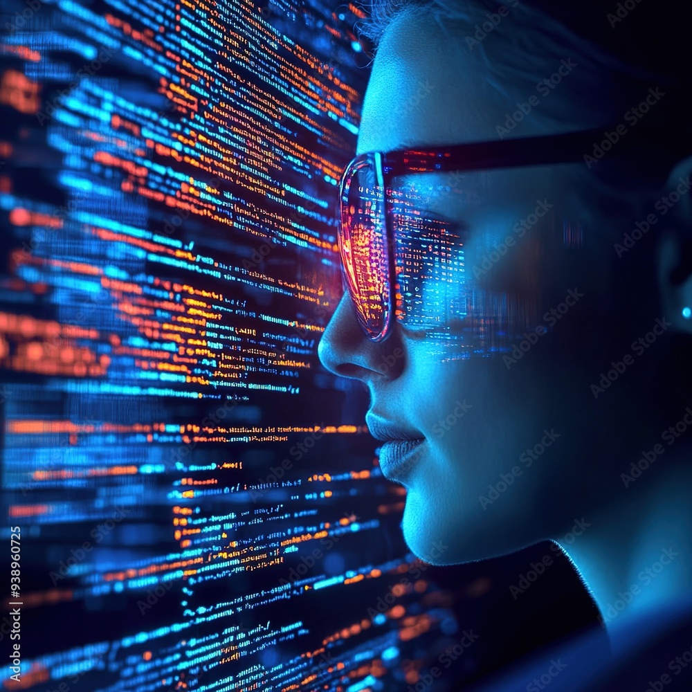 Software, coding hologram and woman in data analytics, information technology and gdpr overlay ...