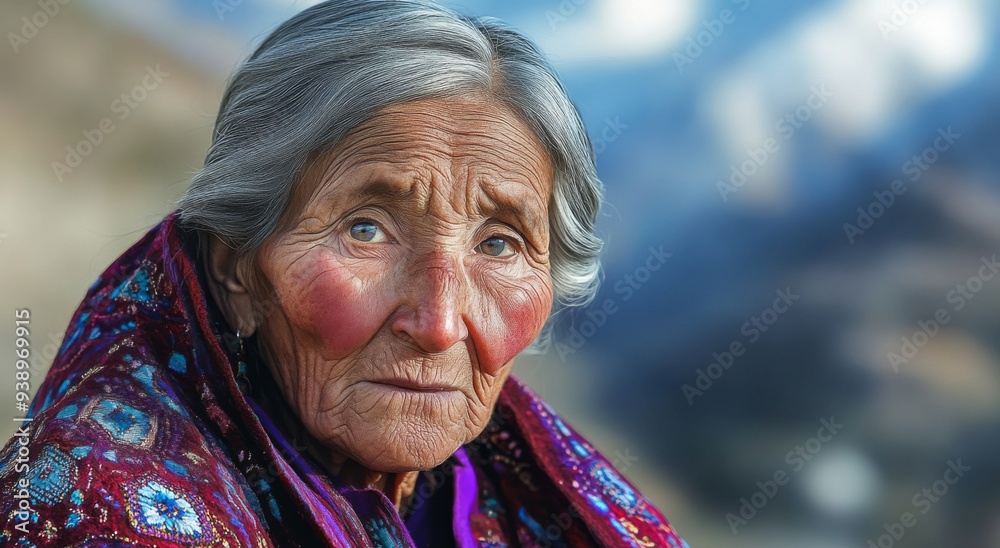 an old woman with gray hair and very wrinkled skin, . She is wearing ...