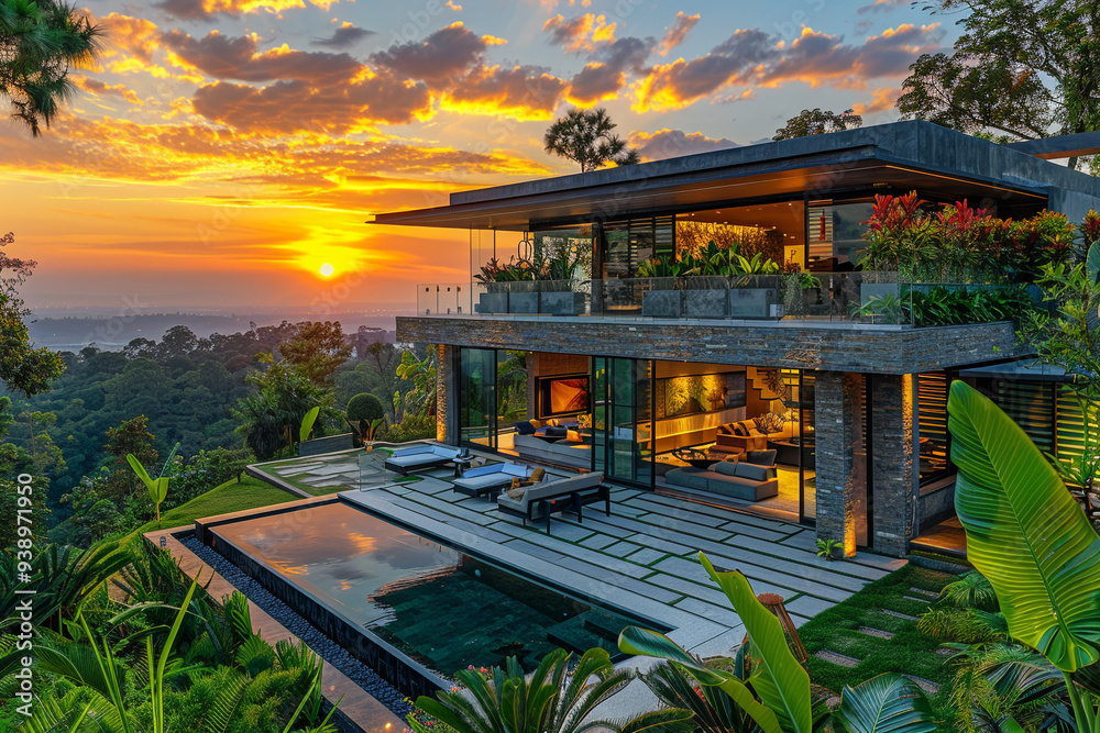 Beautiful modern style luxury home exterior at sunset, with a panoramic ...