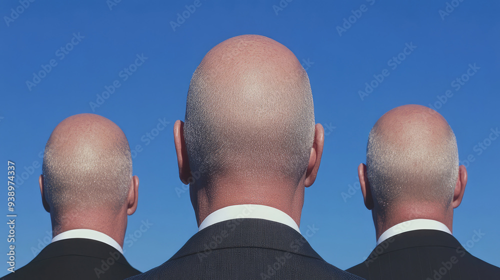 This image depicts a rear view of three bald businessmen's heads all ...