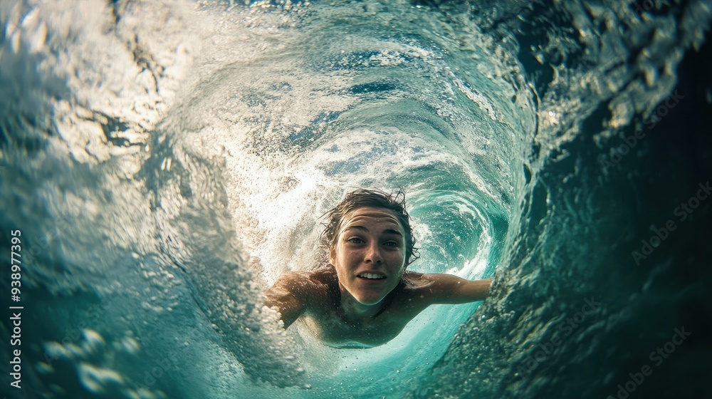 A person rides the waves of the sea, capturing their human face with a ...