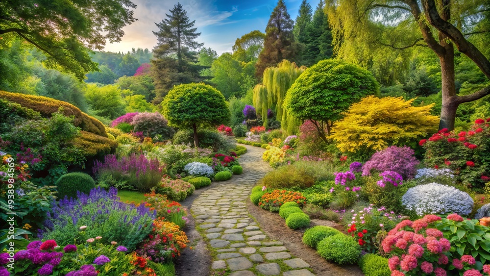 Vibrant greenery flourishes in a serene garden, featuring a diverse ...