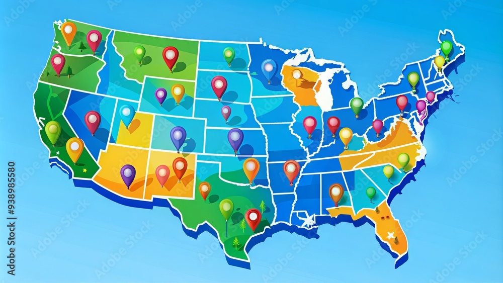 Vibrant illustration of the United States map with various colorful ...