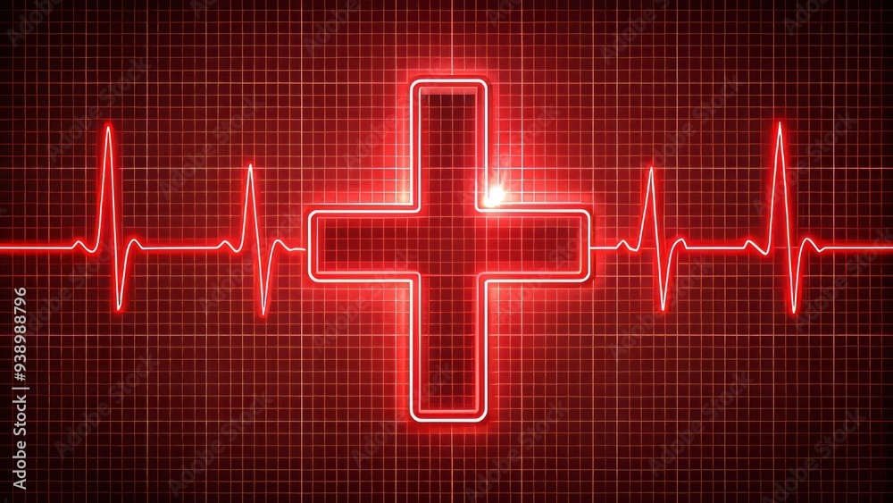 Vibrant red cross symbol overlaid on a stylized electrocardiogram ...