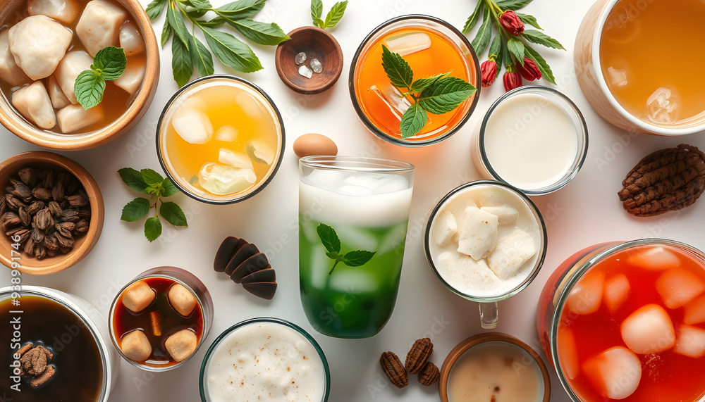 Top view collage of Chinese hot and cold beverages, including bubble ...