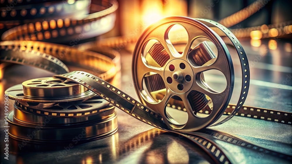 Vintage-style 35mm film reel unwinds, revealing strips of exposed film ...