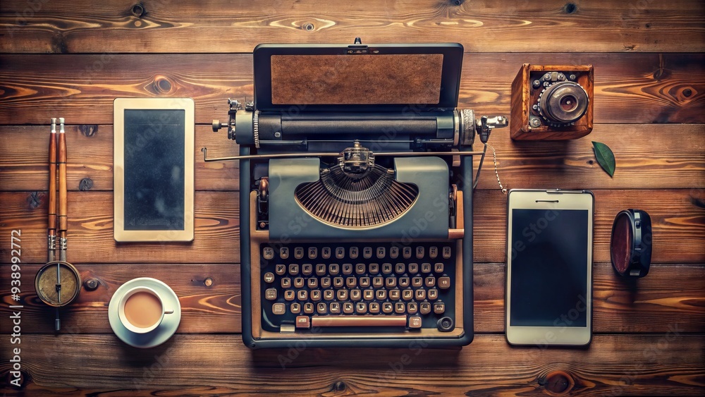 Vintage typewriter surrounded by modern gadgets, including a smartphone ...
