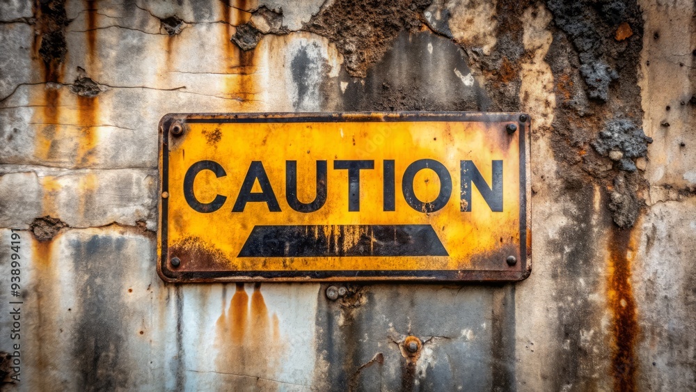 Worn, dirty, and faded caution sign with bold black letters on a rusty ...