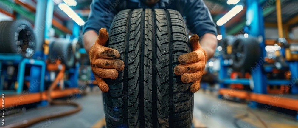 Mechanic in gloves gives thumbs-up holding new tire in shop. Professional setting, blurred ...