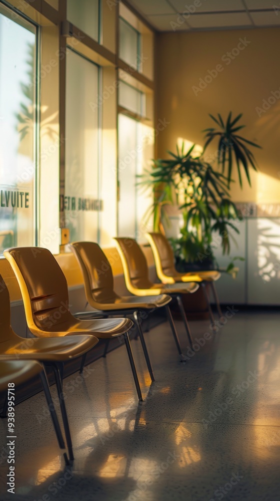 In the sunny waiting room, six yellow chairs are neatly arranged ...