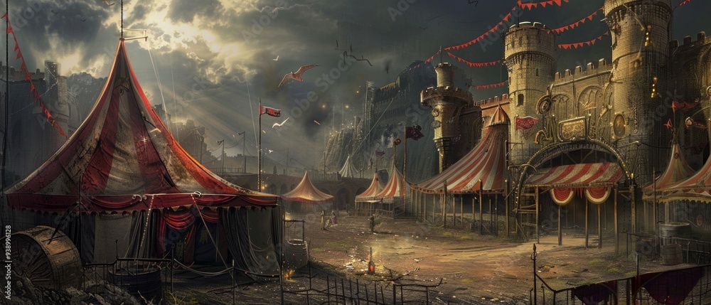 An eerie scene at an abandoned fairground with dusty circus tents, a ...