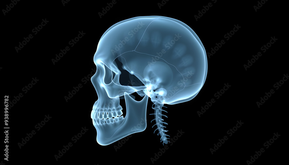 X-ray image of a human skull profile showing detailed anatomy, great ...