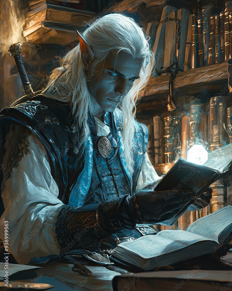 noble elf historian studying ancient texts in a sunlit library, deeply ...