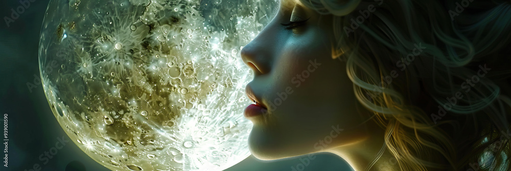 Lunar Embrace: A woman gazing at a full moon, her face illuminated by ...