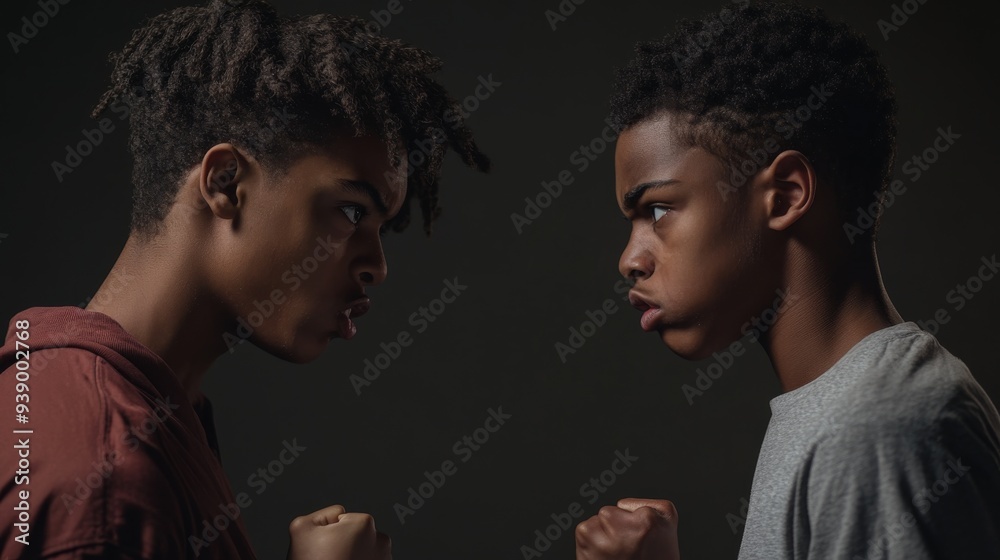 Two teenage boys stand facing each other, their intense expressions and ...