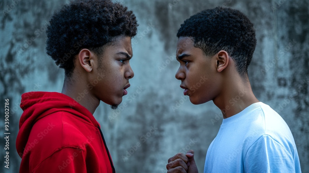 Two African American teenage boys face each other in a tense ...