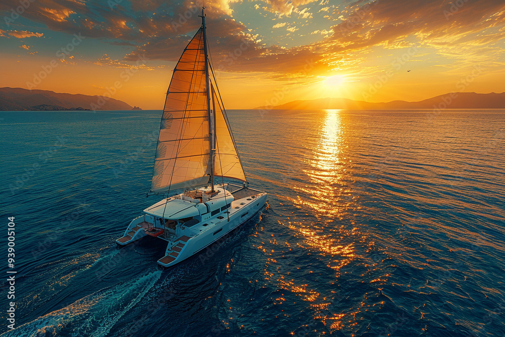 wide-angle sleek catamaran motor yacht gracefully slicing through ...