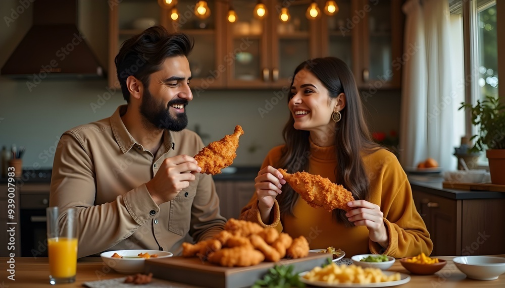 Pakistani man and woman couple eating fried chicken happily inside ...