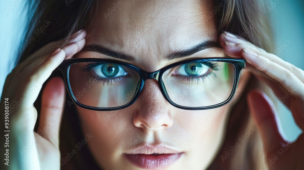 Woman removing glasses, looking tired from computer work, showing signs ...