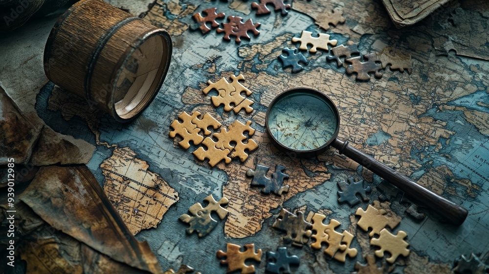 Scattered puzzle pieces and a classic magnifying glass rest on an aged ...