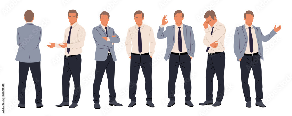 Businessman character in different poses. Handsome business man in ...