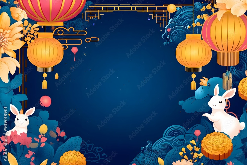 Moon Festival style wallpaper, deep blue background with golden ...