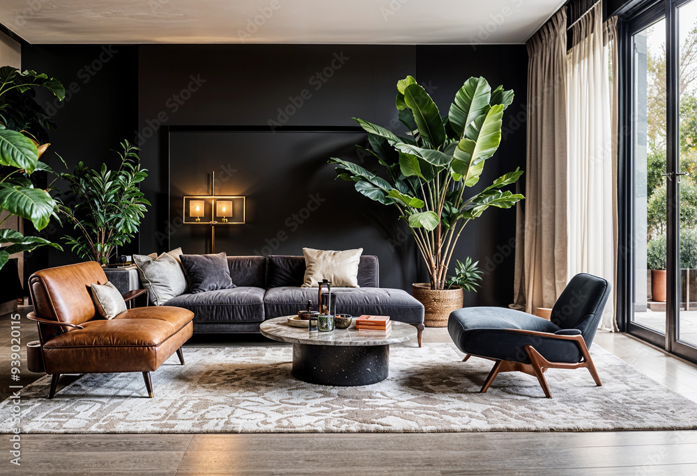 A modern living room setup with a tall fiddle leaf fig plant in a sleek ...