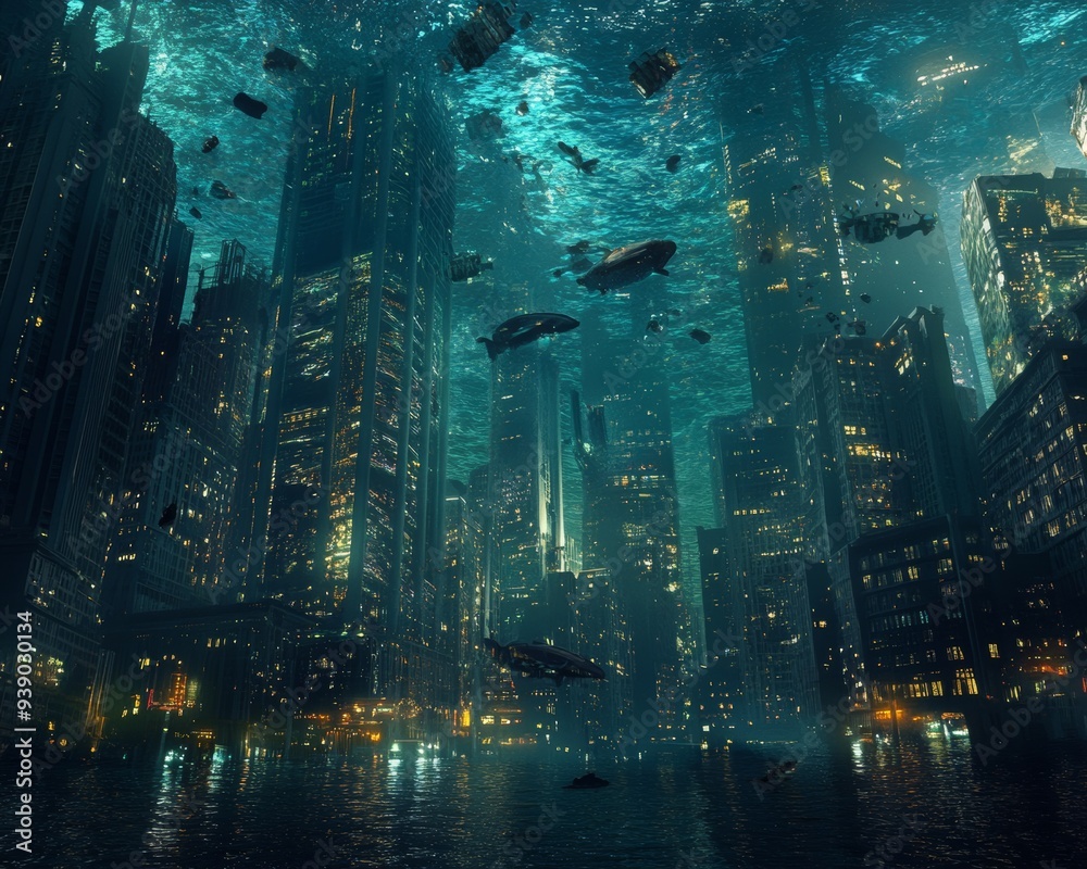 Surreal scene of a futuristic city submerged underwater, with ...