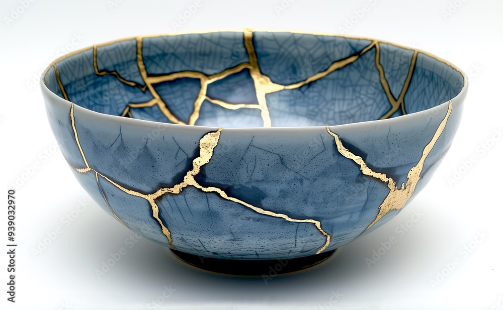 An antique blue ceramic bowl, restored using the Japanese kintsugi ...
