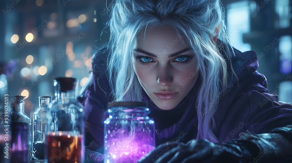 human alchemist preparing a glowing purple potion, deep in ...
