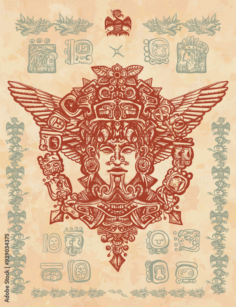 Mayan background. Ancient totem, wings and mayan sun. Old paper vector ...