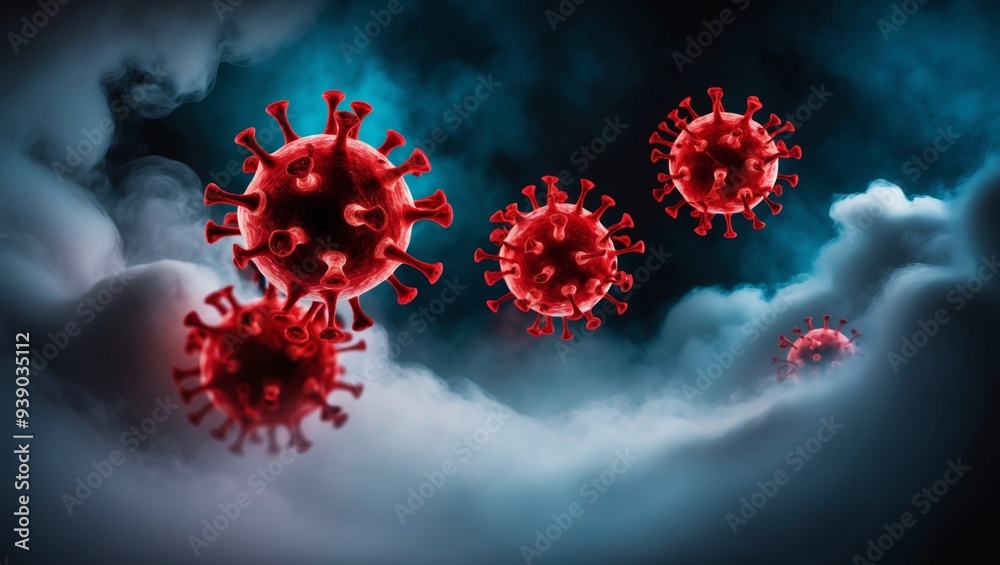 Red virus particles are suspended in a dark, ominous atmosphere ...
