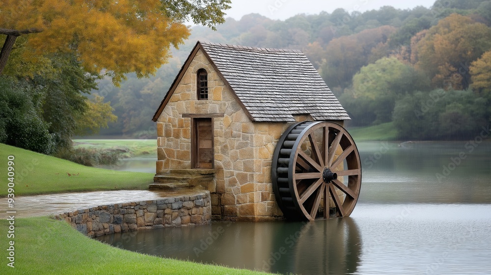 A small house with a water wheel in front of it. The house is made of ...
