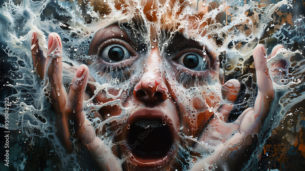 A young woman's face is distorted by the exaggerated, dynamic ...