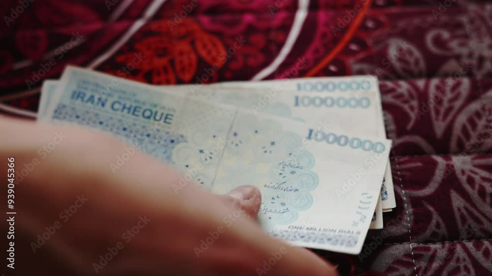 Iran's money, Iranian cheque. Man's hands counting large stack of rials ...