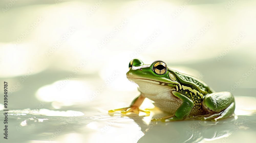 A minimalist scene of a green frog sitting quietly on a bright surface ...