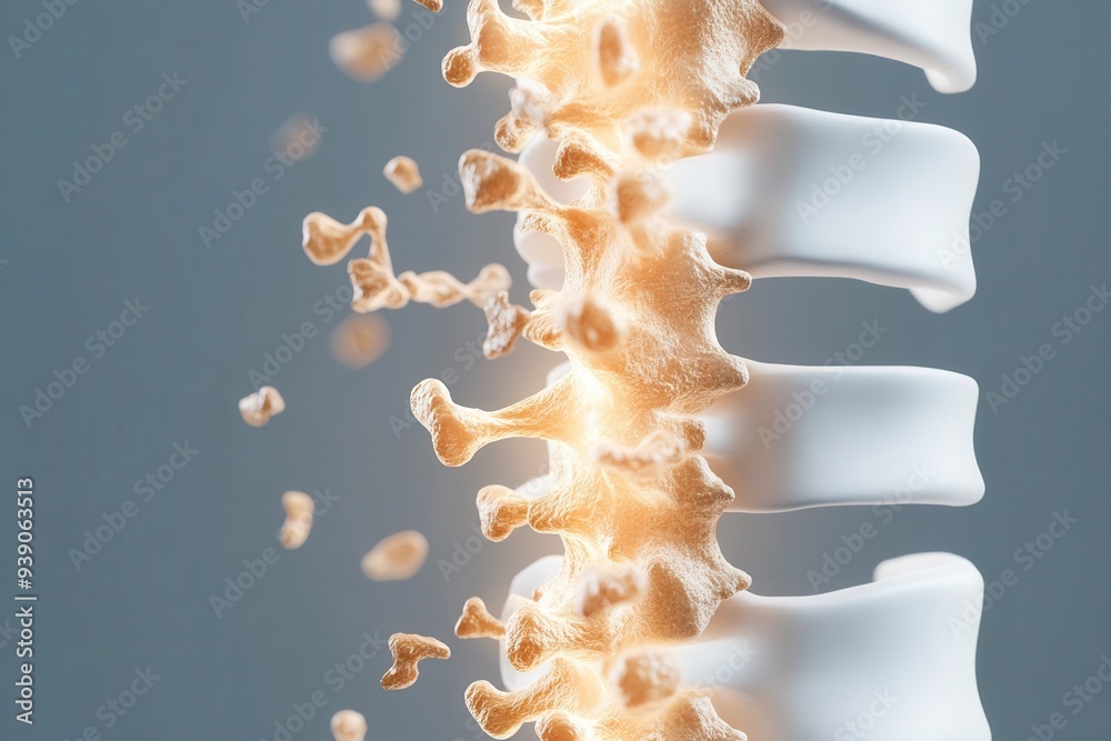 Medical illustration of osteoporosis, showing brittle and weakened ...