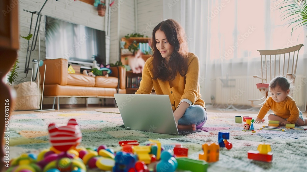 A young mother working remotely on her laptop at home while caring for ...