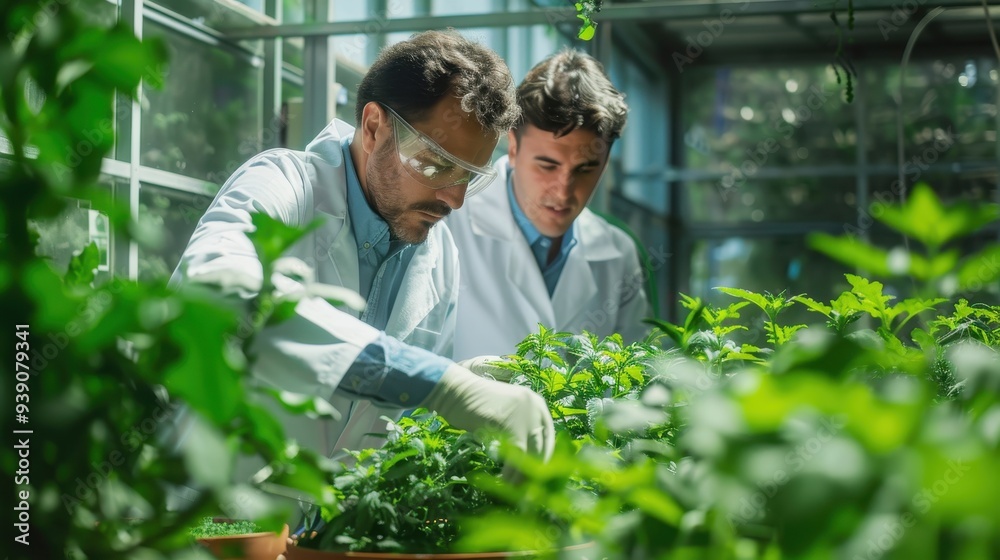 Scientists working on genetically modified crops in a greenhouse ...