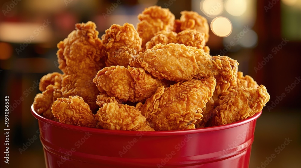 Golden, crispy fried chicken strips packed in a large red bucket, mouth ...