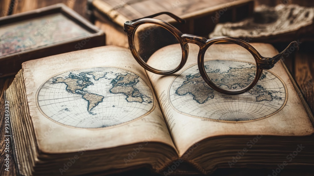 Historical world map book open on an old table with antique glasses ...