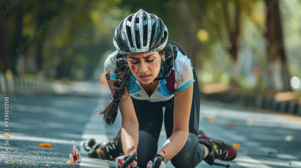 Fit Indian female cyclist on the road with visible injuries, having ...