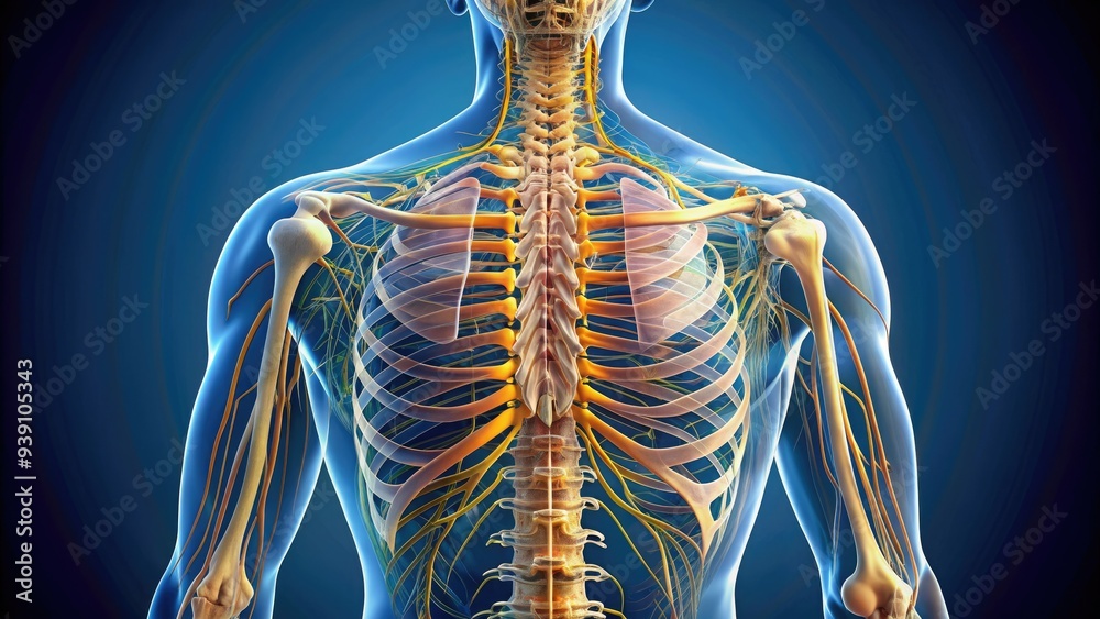 Detailed illustration of the human spine, showcasing intricate networks ...