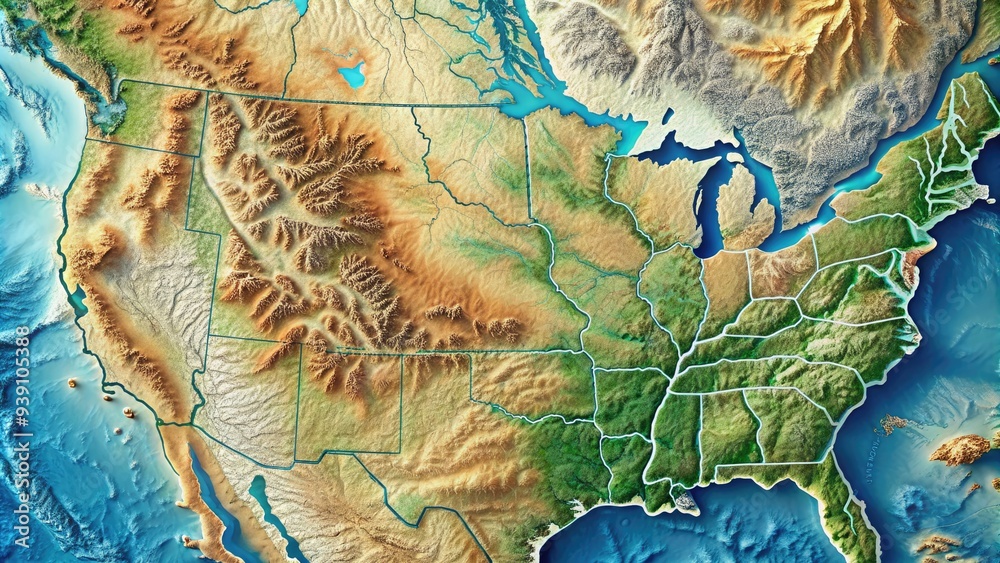 Detailed topographical map of the Western United States, showcasing ...