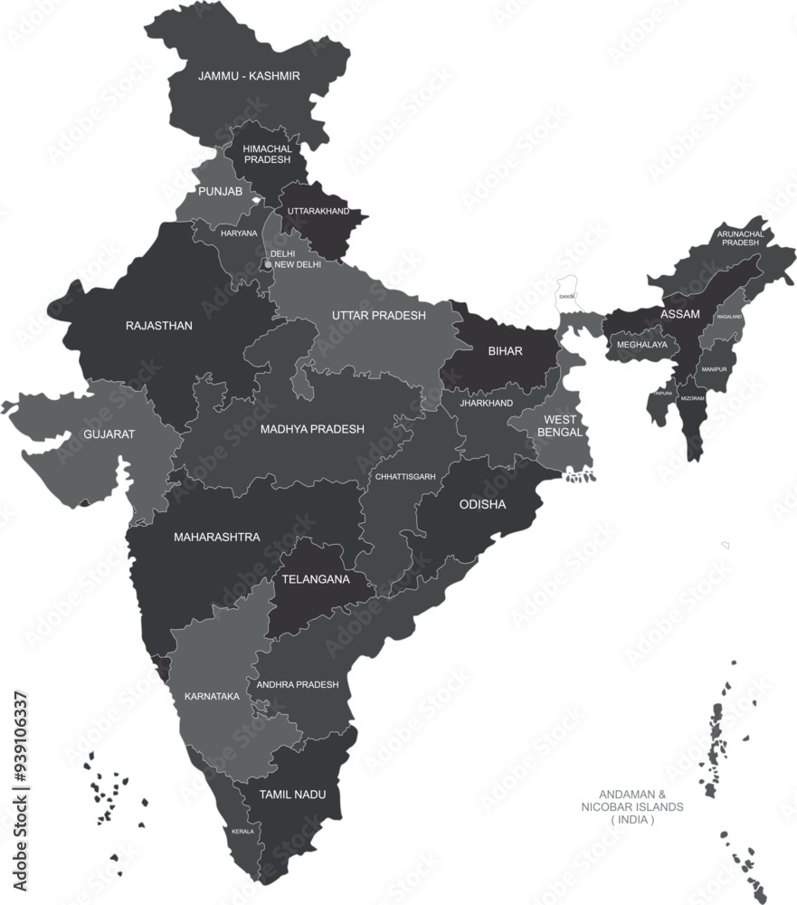 Monochrome map of india. Vector monochrome indian map with seperate ...