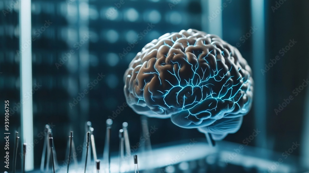 Detailed shot of a modern EEG device with electrical wave patterns ...