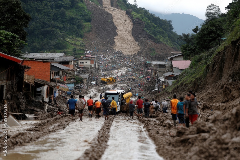 This image shows the aftermath of a devastating landslide in a mountain ...