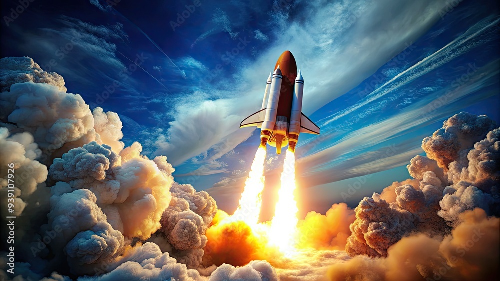 Dramatic, blazing rocket ship soaring high into a vibrant blue sky with ...